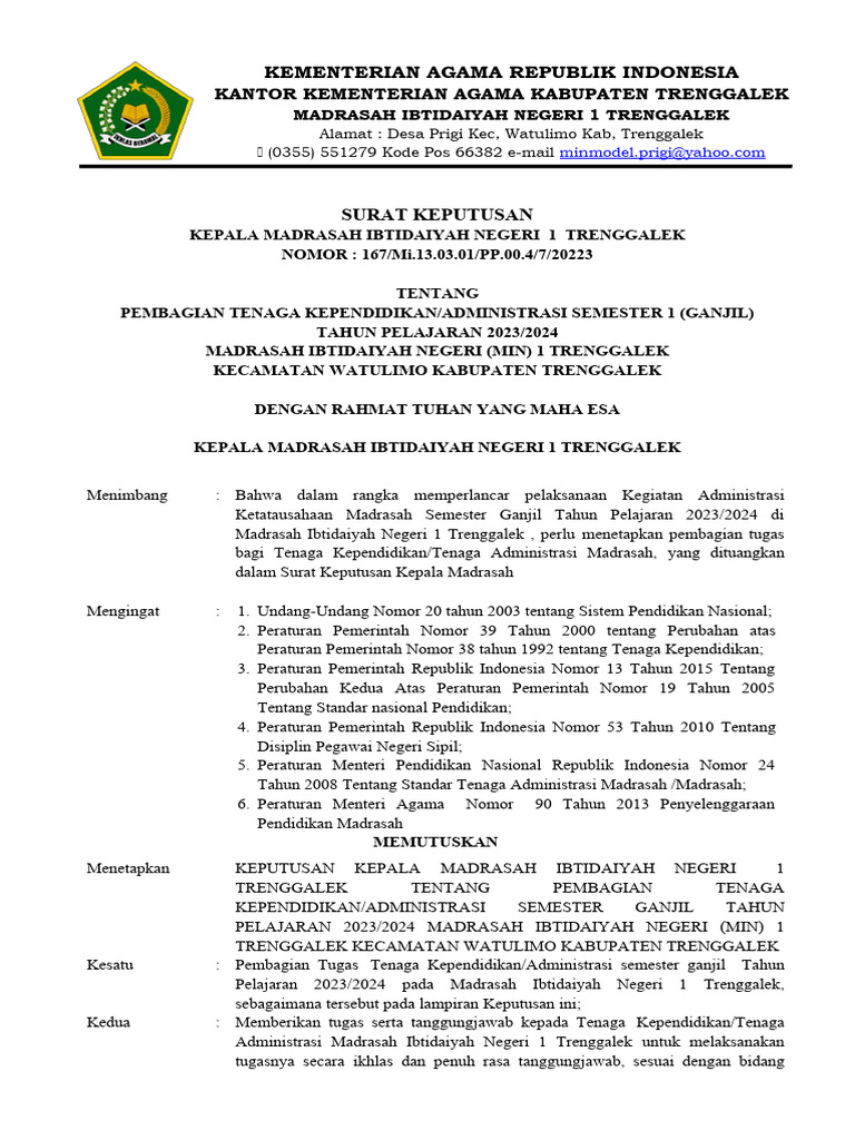SK Pembagian Tugas Tendik SMT 1 2023 - 2024 | PDF