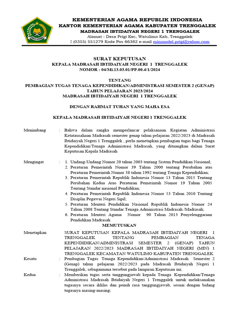 SK Pembagian Tugas Tendik SMT 2 2023 - 2024 | PDF