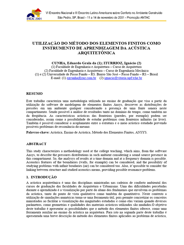 Artigo-2001-Aprendizagem Da Acustica Arquitetonica | PDF | Acústica | Método dos elementos finitos