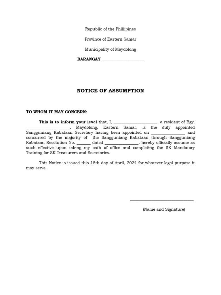 Sample Notice of Assumption For SK Treasurers and Secretaries | PDF