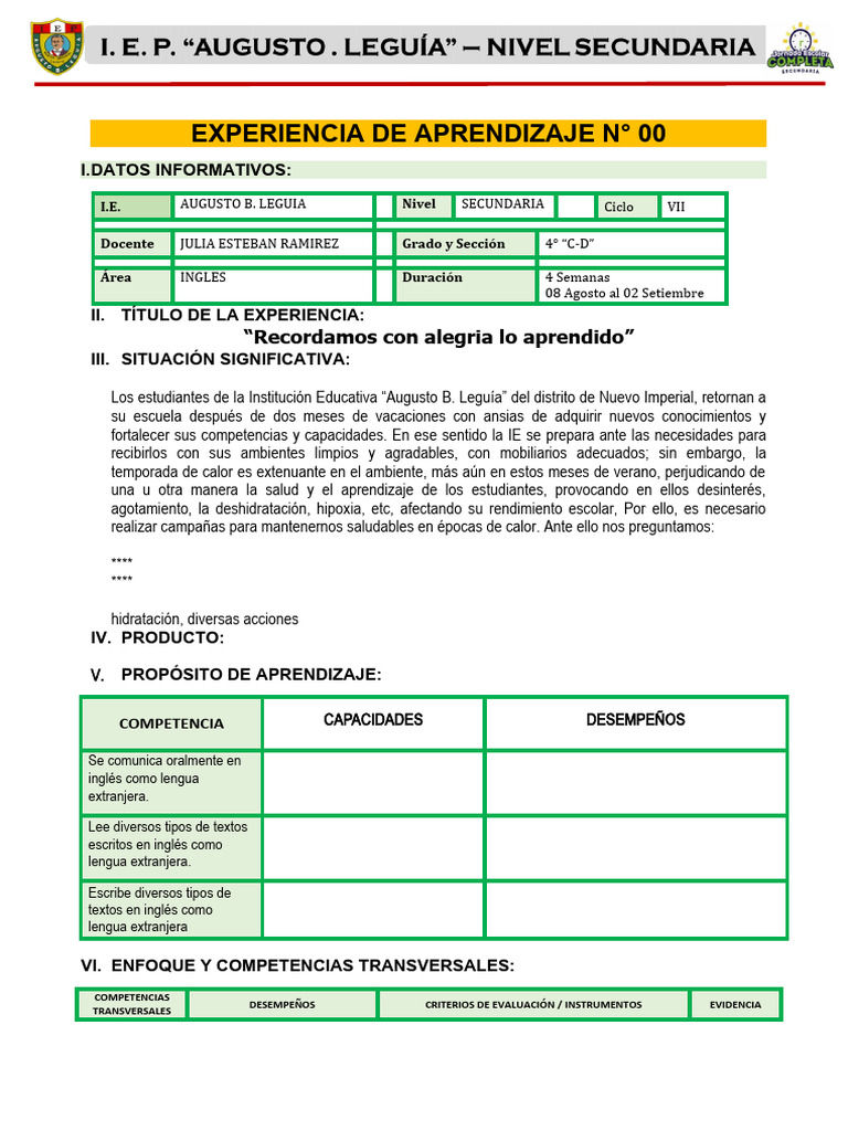 Formato de Experiencia de Aprendizaje | PDF | Aprendizaje | Evaluación