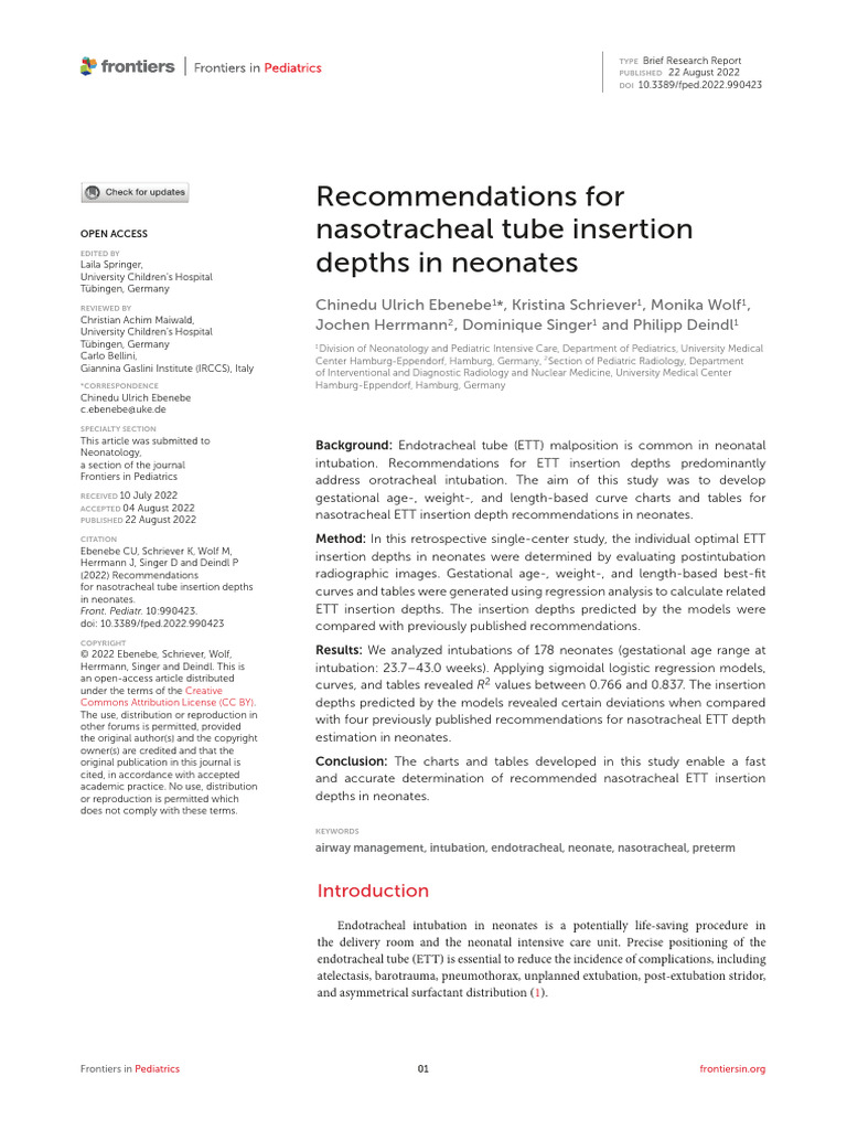 13 - Recommendation For Nasotracheal Tube Insertion Depths in Neonates ...