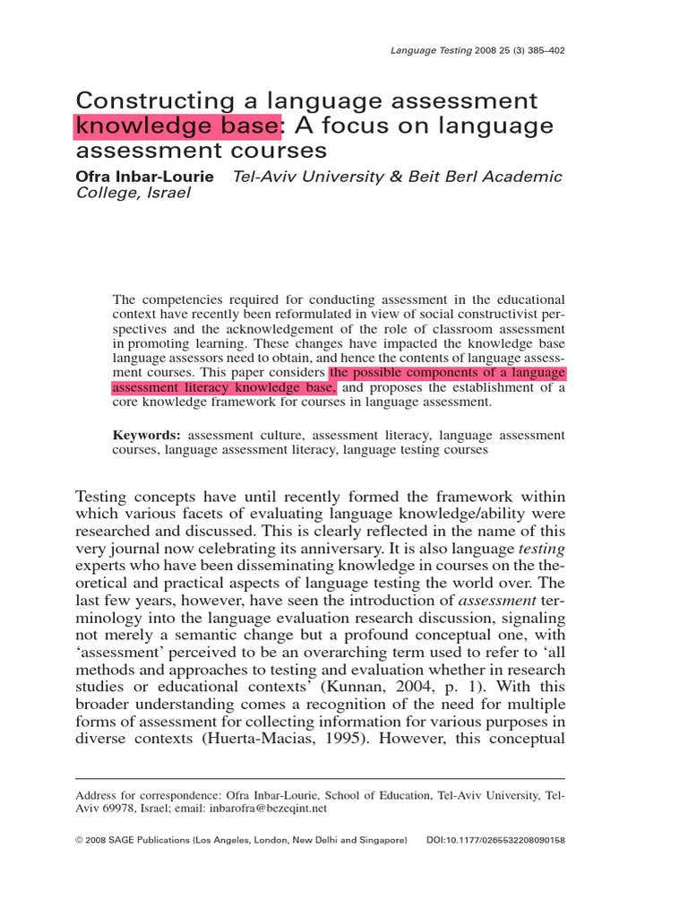 2008 Constructing A Language Assessment Knowledge Base A Focus On Language Assessment Courses ...