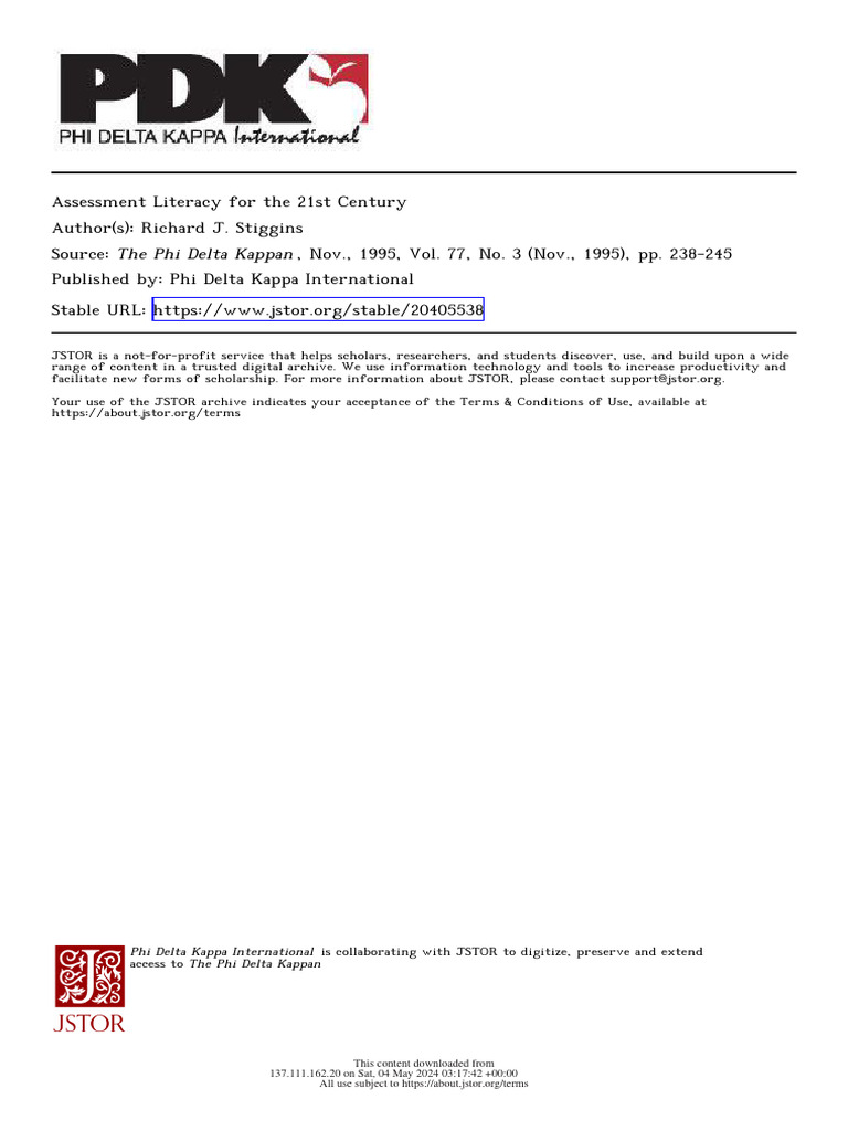 1995-Assessment Literacy For The 21st Century | PDF | Knowledge | Reason