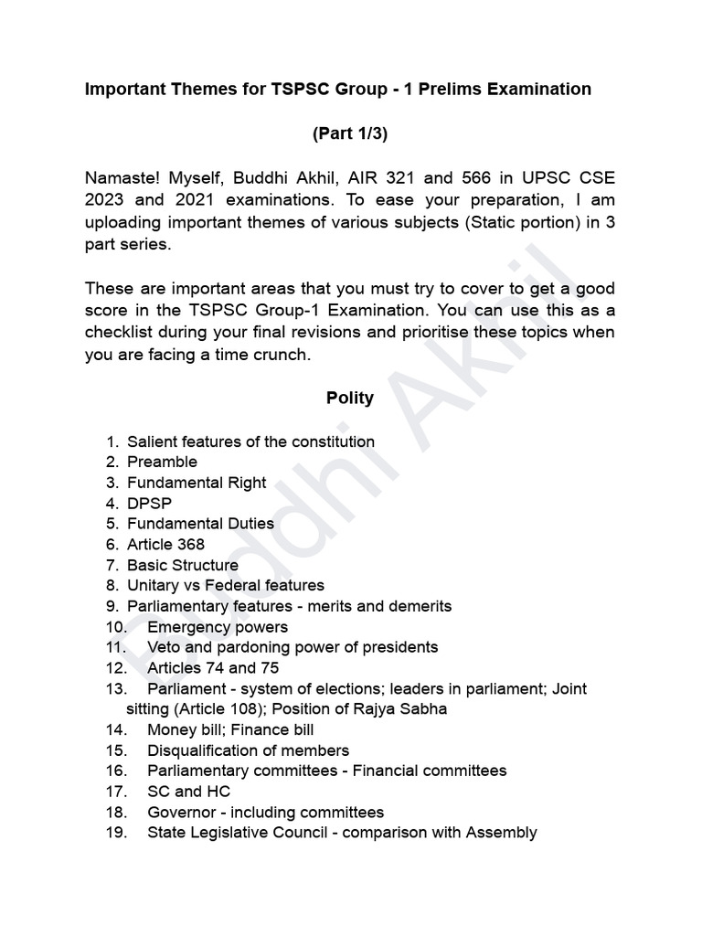 Important Themes For TSPSC Group 1 Prelims Examination Part 1 3 | PDF ...