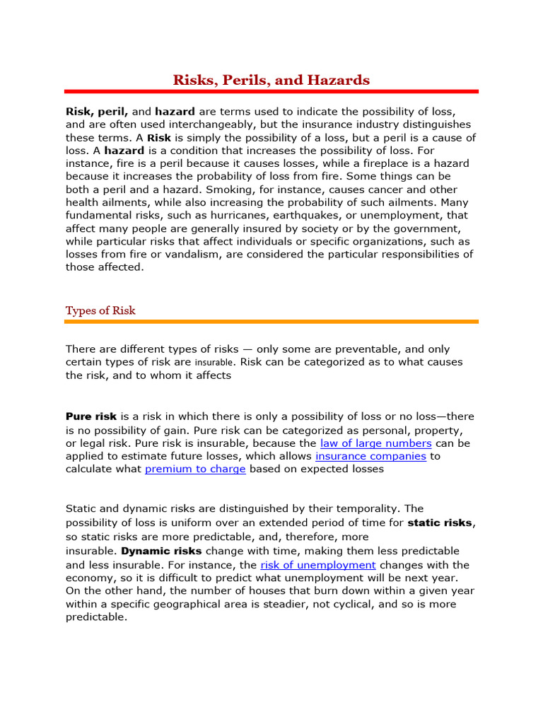 Risks, Perils, and Hazards | PDF | Risk | Moral Hazard
