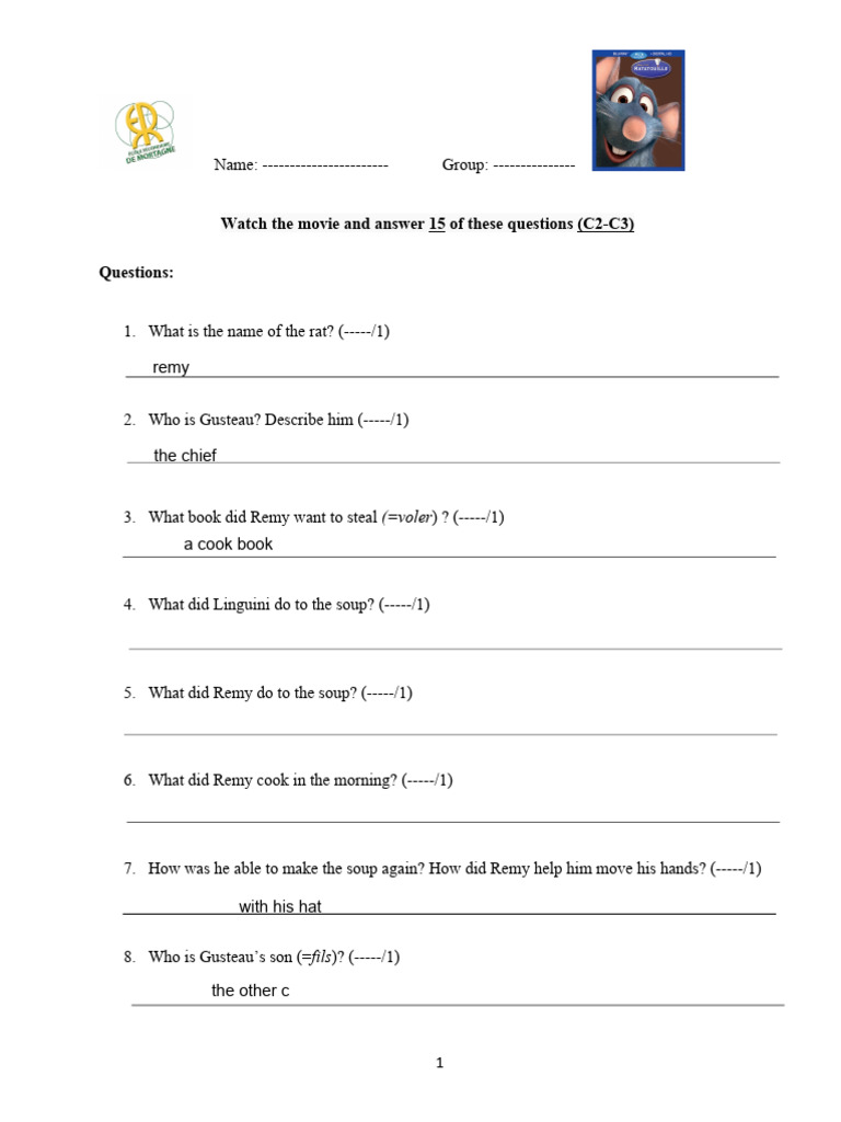 Ratatouille Movie Study Questions | PDF