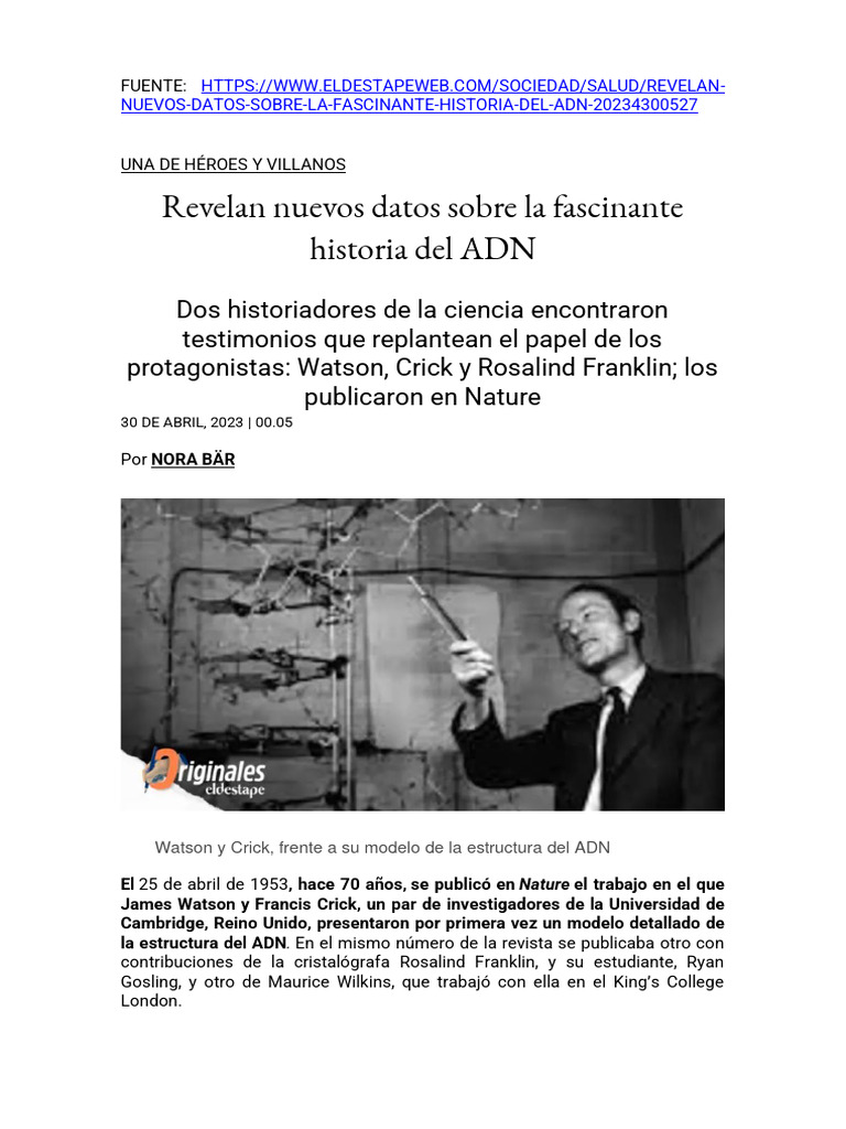 Historia del ADN: Nuevas Revelaciones | PDF | James Watson | Francis Crick