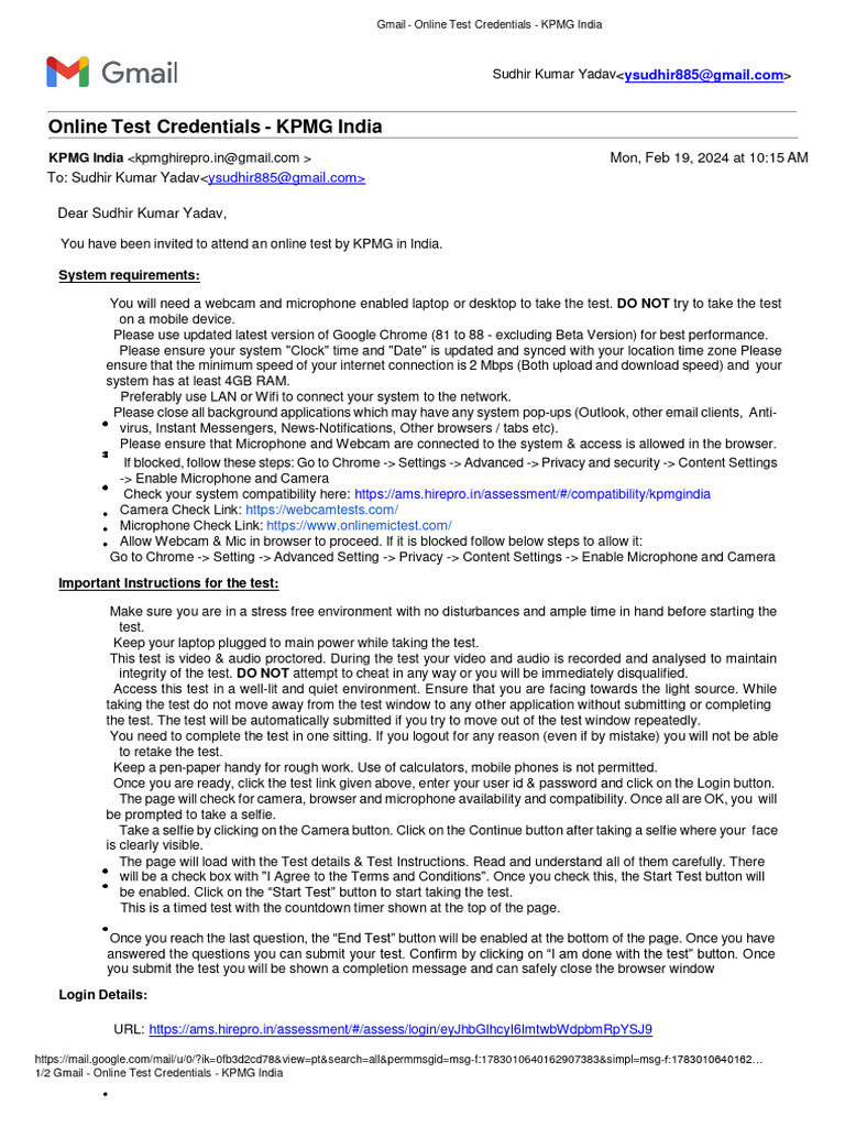 KPMG India Online Test Instructions | PDF | Login | Internet
