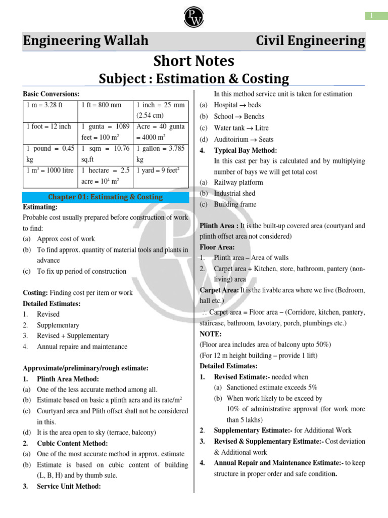 Estimation and Costing - Short Notes - PDF Only | PDF | Depreciation ...