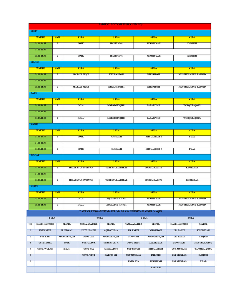 Jadwal Diniyah Siswa Ula | PDF
