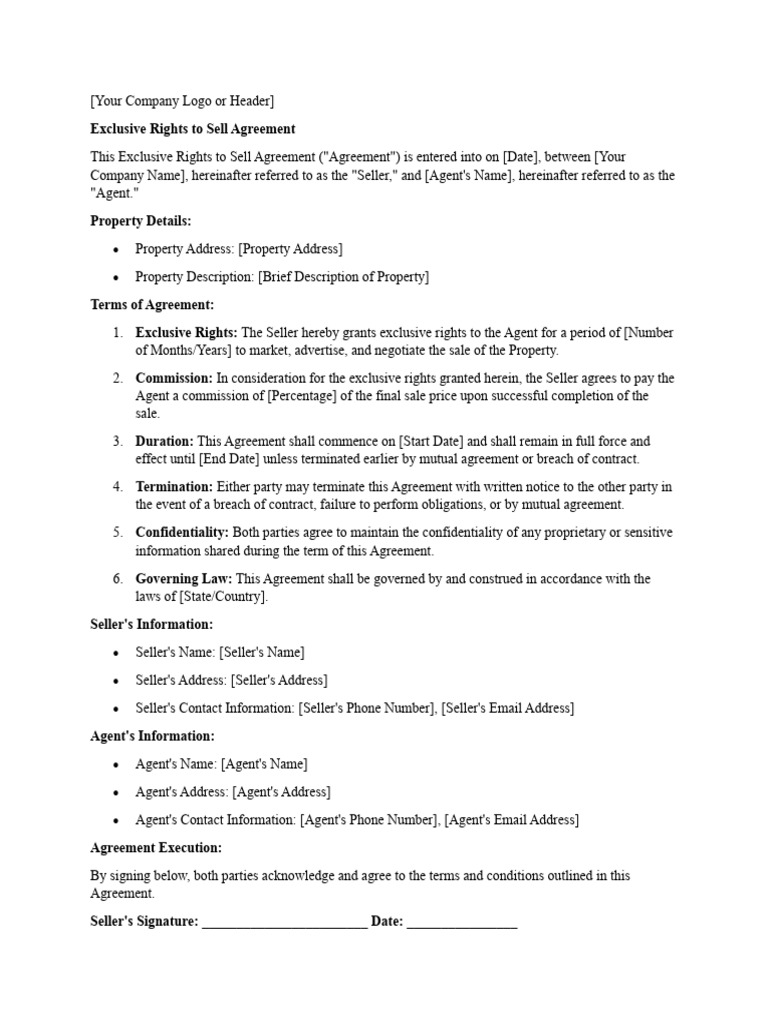 Exclusive Rights To Sell Aggrement Form | PDF | Sales | Business