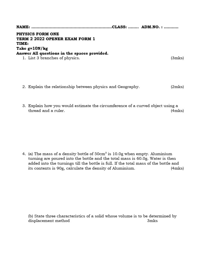 Physics Exam for Form One Students | PDF | Weight | Density