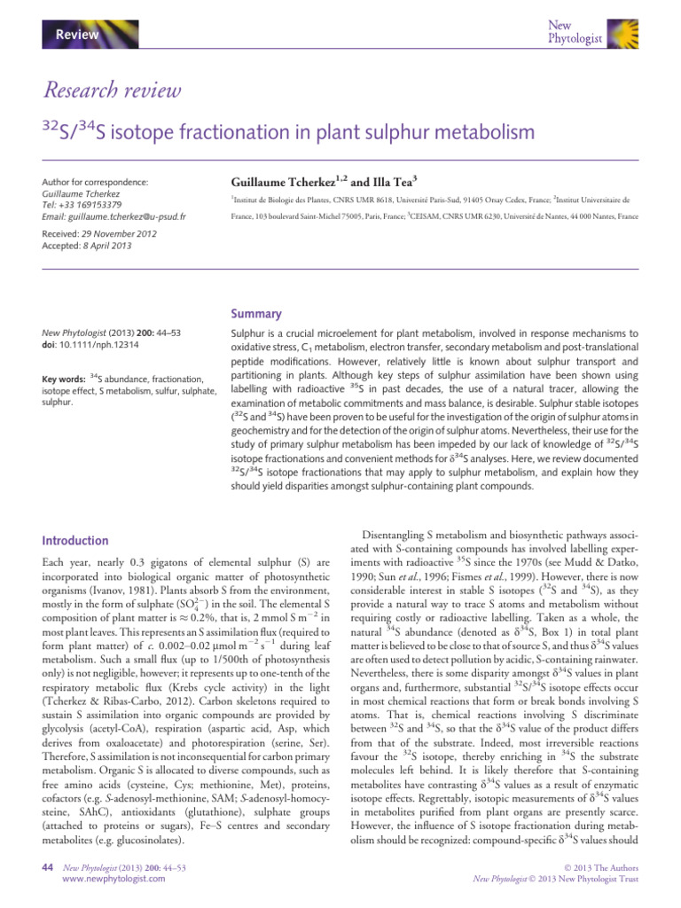 New Phytologist - 2013 - Tcherkez - 32S 34S isotope fractionation in ...