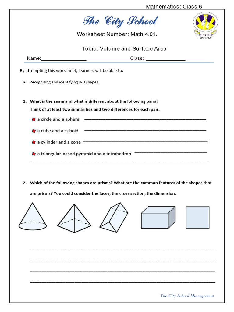 Class 6 Math: Volume & Surface Area Worksheet | PDF