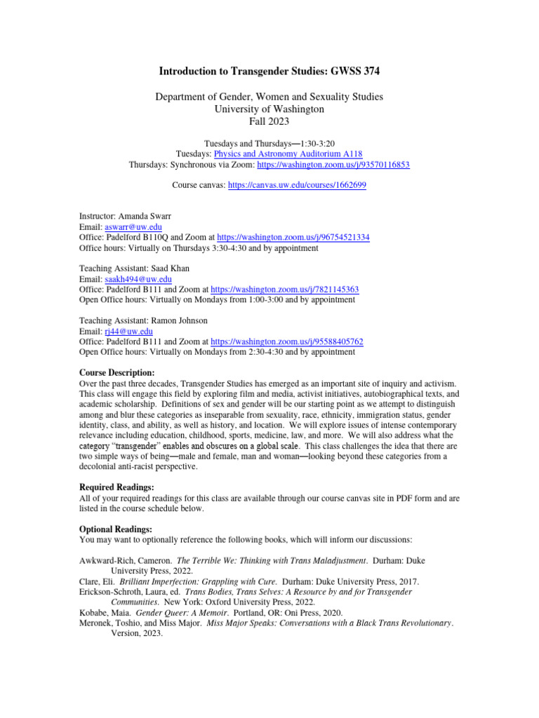 GWSS 374: Introduction to Transgender Studies | PDF | Transgender ...