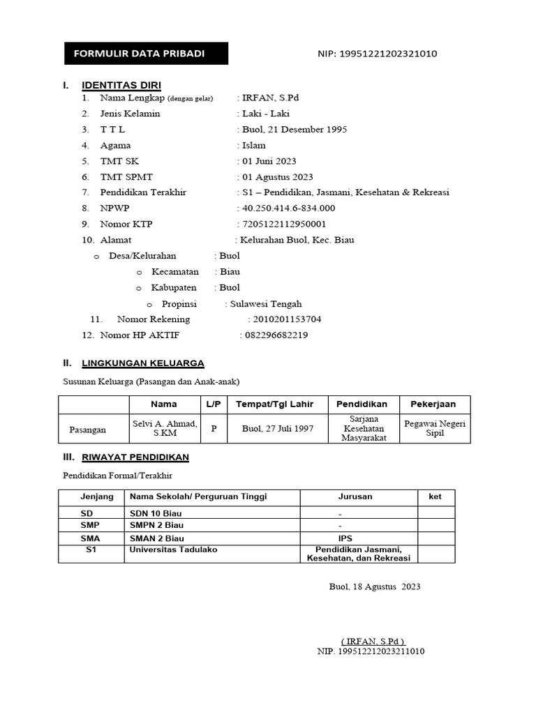 Formulir Data Dan Berkas P3K Guru & Teknis 2023 | PDF