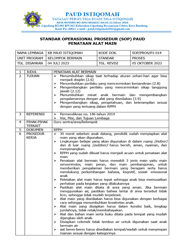 1 SOP PAUD PENATAAN ALAT MAIN | PDF