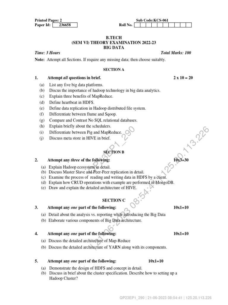 Btech Cs 6 Sem Big Data Kcs 061 2023 | PDF | Apache Hadoop | Apache Spark