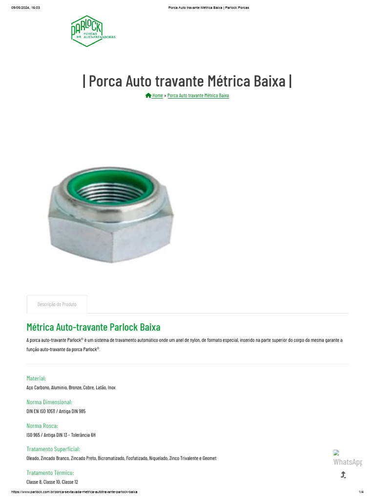 Porca Auto Travante Métrica Baixa - Parlock Porcas | PDF | Materiais de ...