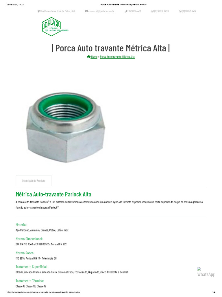 Porca Auto Travante Métrica Alta - Parlock Porcas | PDF | Substancias ...