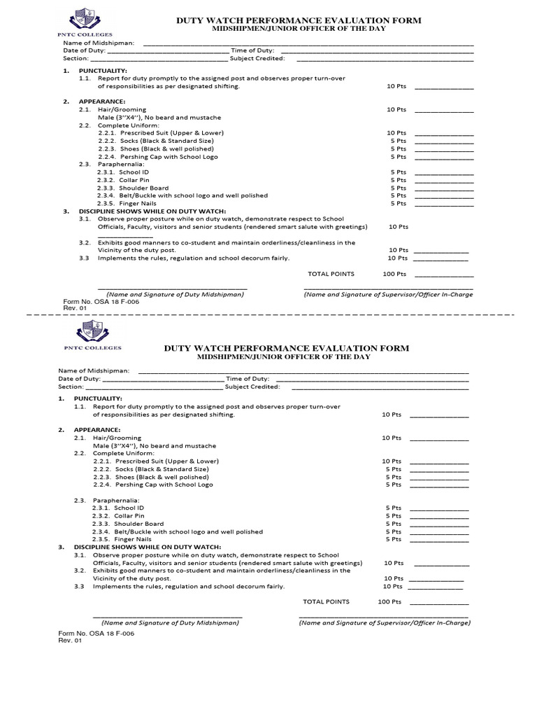 OSA 18 F 006 Rev 01 DUTY WATCH PERFORMANCE EVALUATION FORM NO 2.1 | PDF ...
