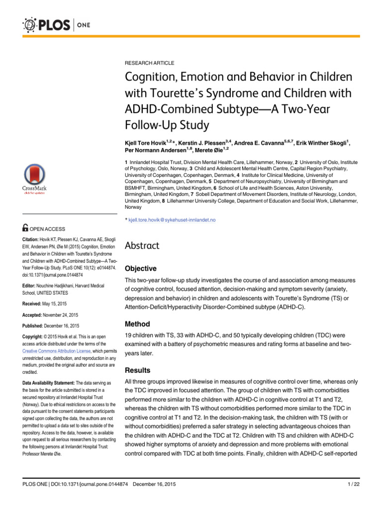 Cognition, Emotion and Behavior in Children With Tourette 'S Syndrome and Children With ADHD ...