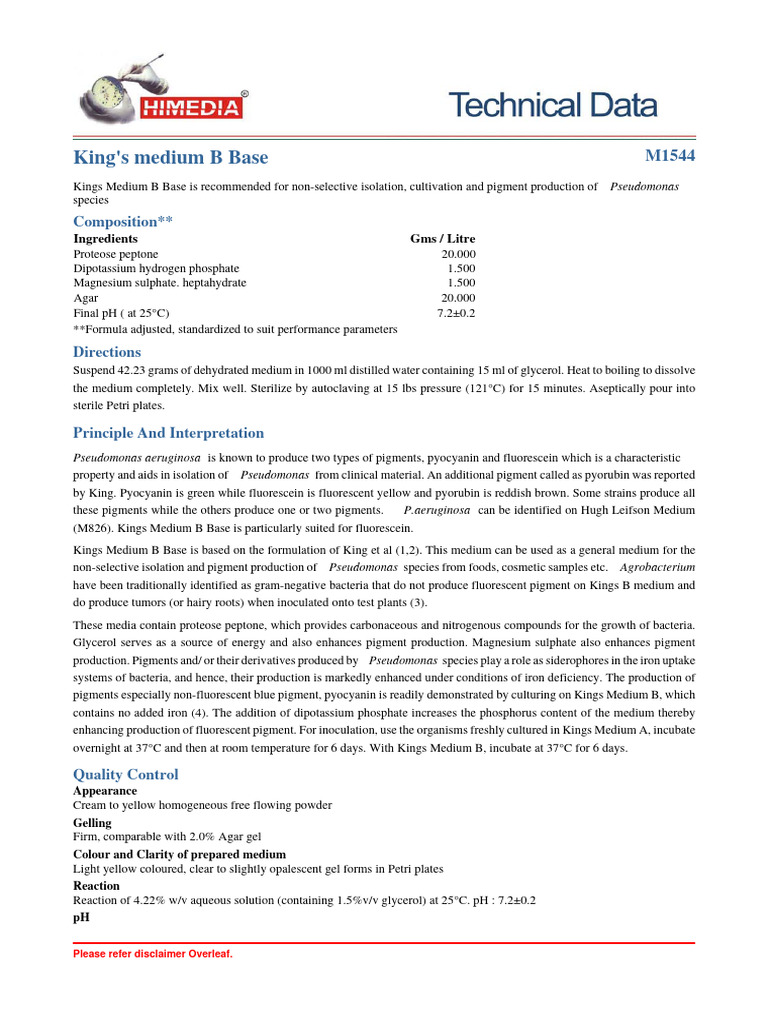 King's Medium B Base: Composition | Download Free PDF | Pseudomonas Aeruginosa | Pseudomonas
