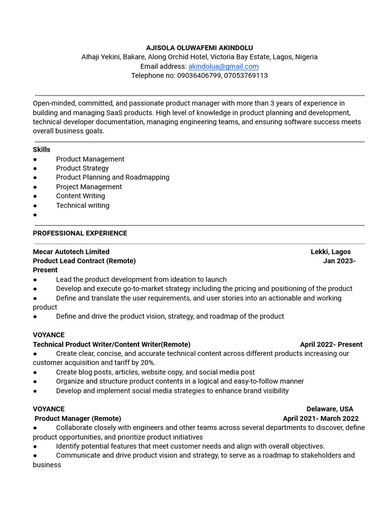 Experienced Product Manager Profile Pdf Business