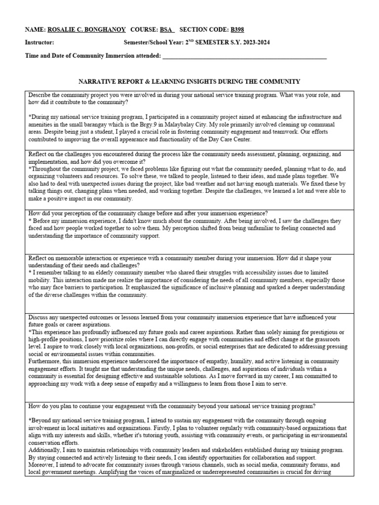 NSTP Narrative | Download Free PDF | Community | Experience