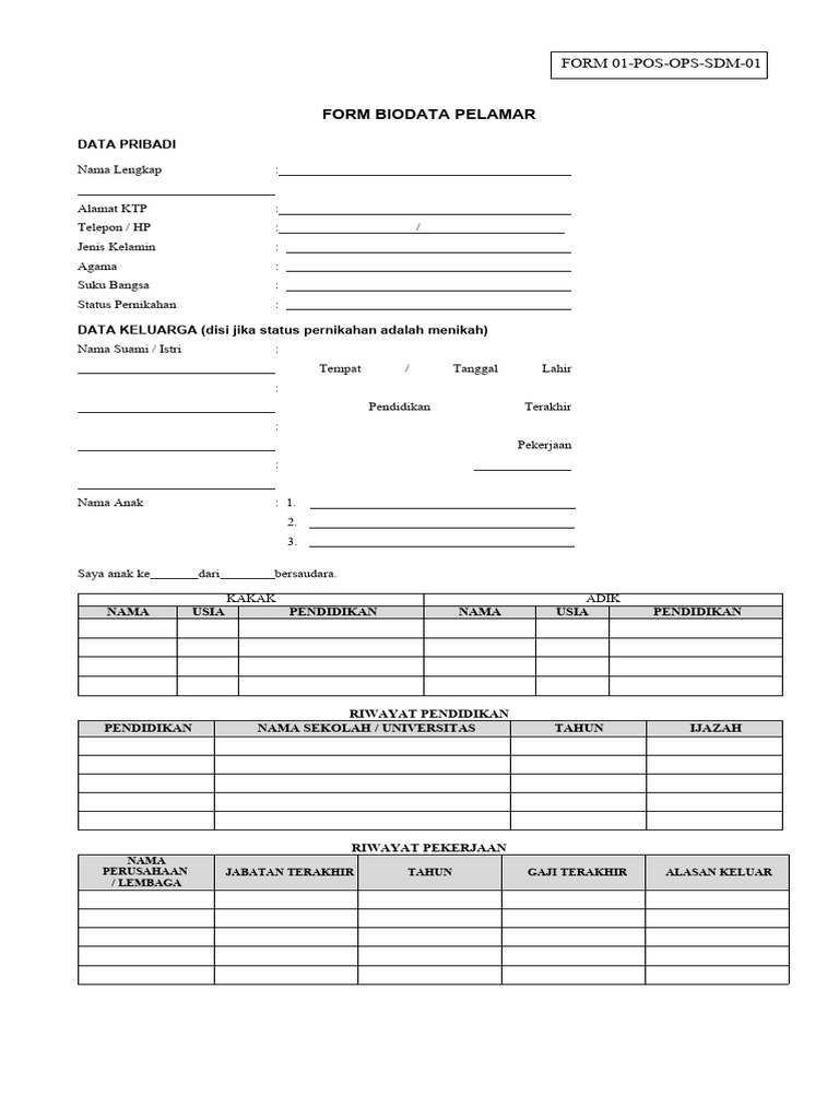 FORM 01-POS-OPS-SDM-01 - Form Biodata Pelamar | PDF