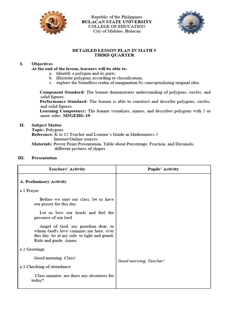 Online Class Detailed Lesson Plan in Math 5 1 | PDF | Shape | Euclidean Plane Geometry
