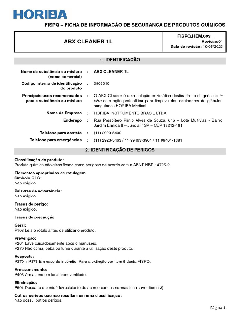 FISPQ - HEM.003.01 - ABX Cleaner 1L | PDF | Incêndios | Vapor