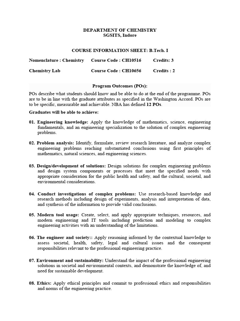 BTech First Year Applied Chemistry - POs COs-2022 23 1 | PDF ...