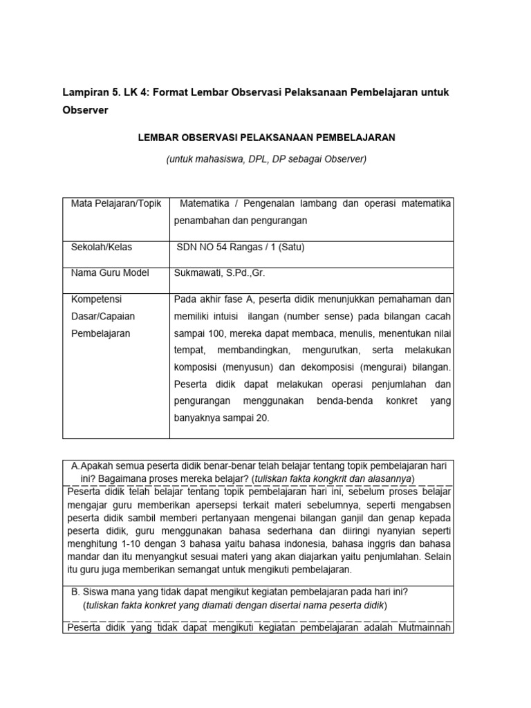 4 - Lampiran 5. LK 4 Format Lembar Observasi Pelaksanaan Pembelajaran Untuk Observer | PDF