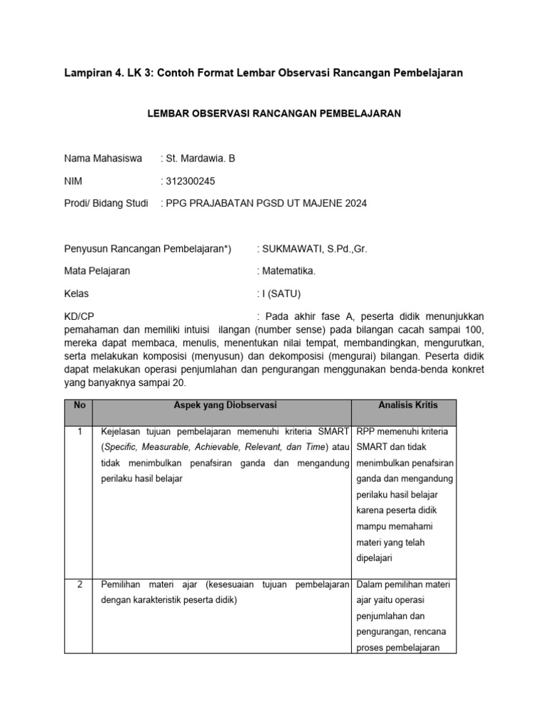 Lembar Observasi RPP Matematika Kelas I | PDF | Karier & Perkembangan