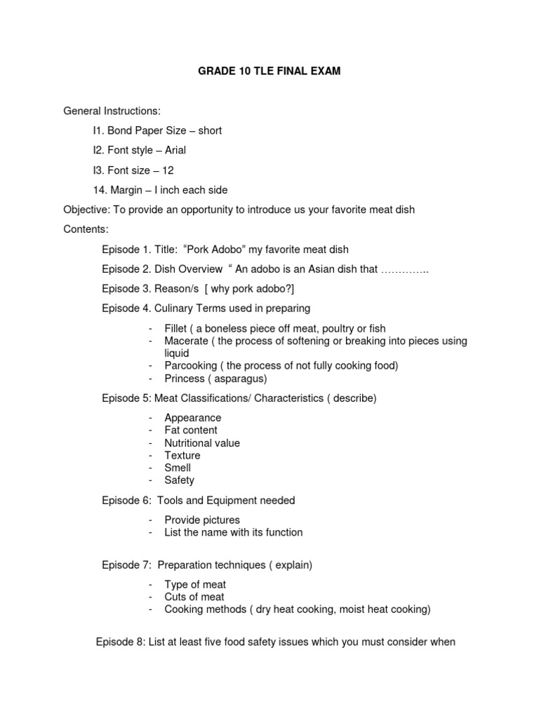 Grade 10 Tle Final Exam | PDF | Meat | Cooking
