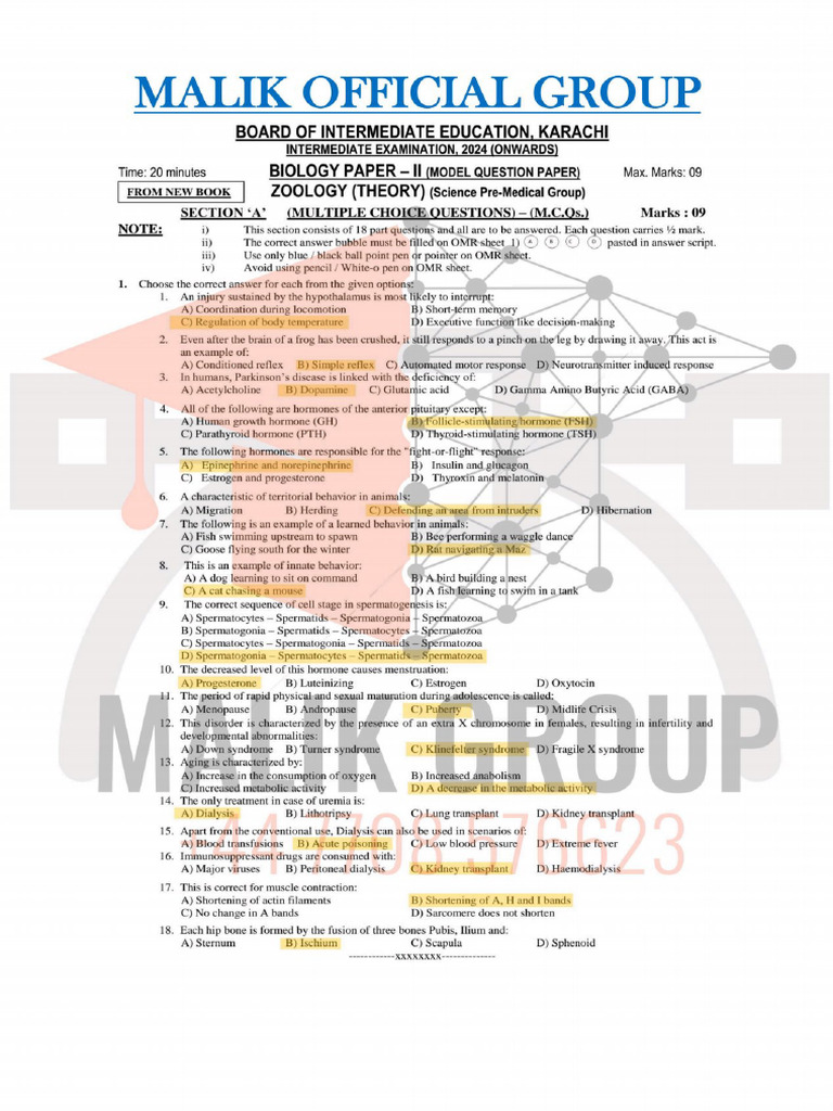 Xii Zoology - Solved Model Paper 2024 - Malik Group | PDF