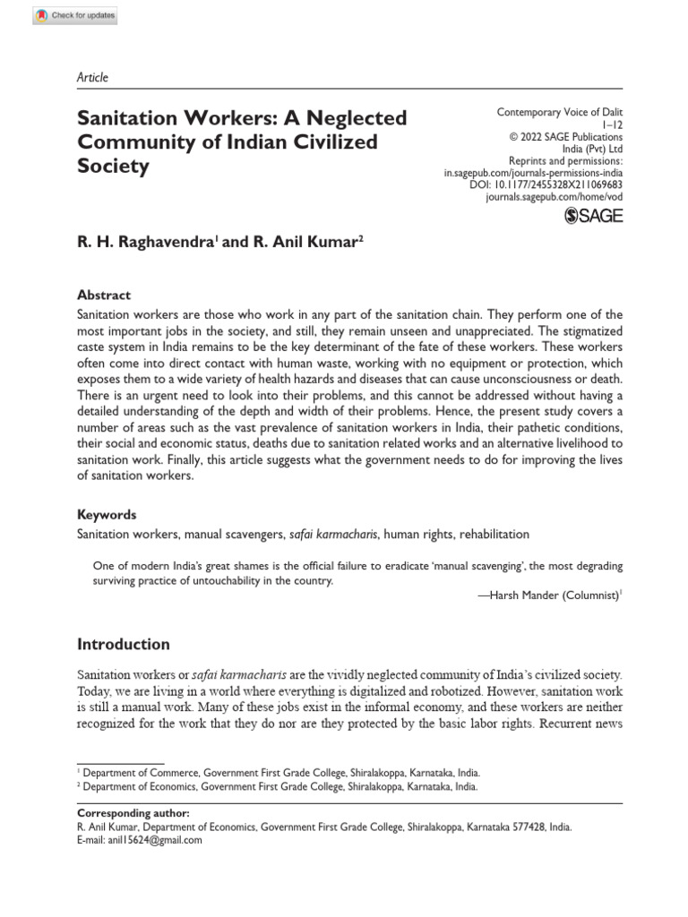 Raghavendra Kumar 2022 Sanitation Workers A Neglected Community of Indian Civilized Society ...