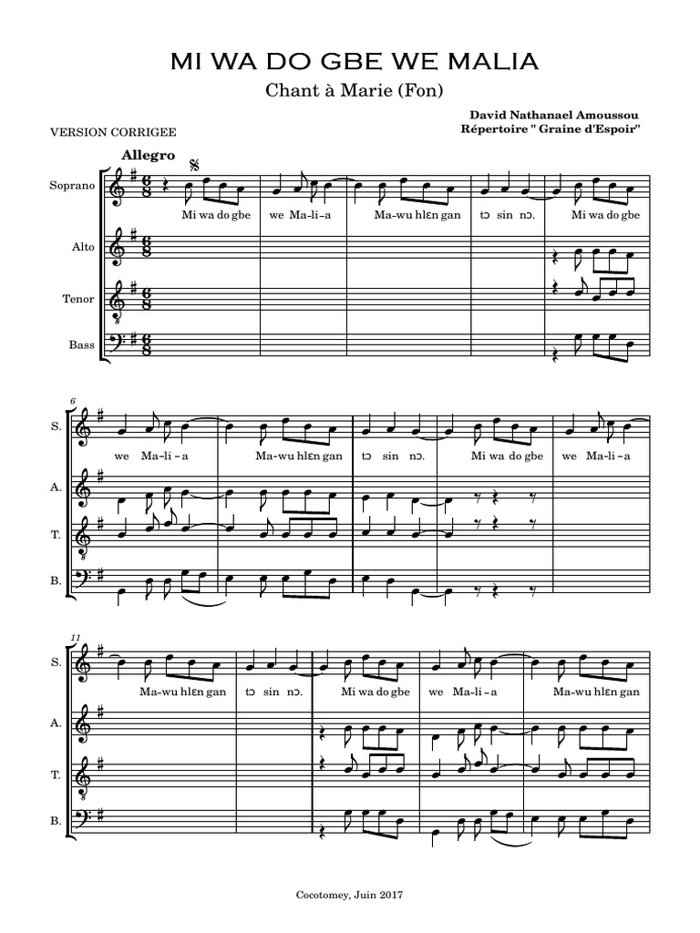 Marie MI WA DO GBE WE MALIA Corrigée | PDF | Vocal Music | Pitch (Music)