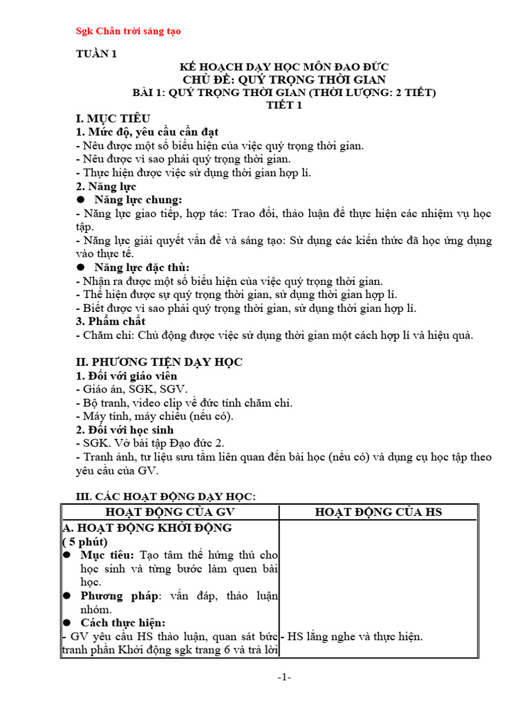 Giao An Dao Duc Lop 2 Sach Chan Troi Sang Tao | PDF