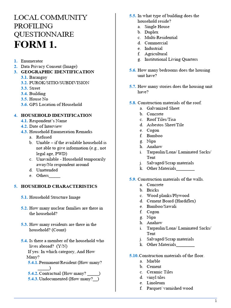 Local Community Profiling Questionnaire | PDF | Home Appliance | Farms