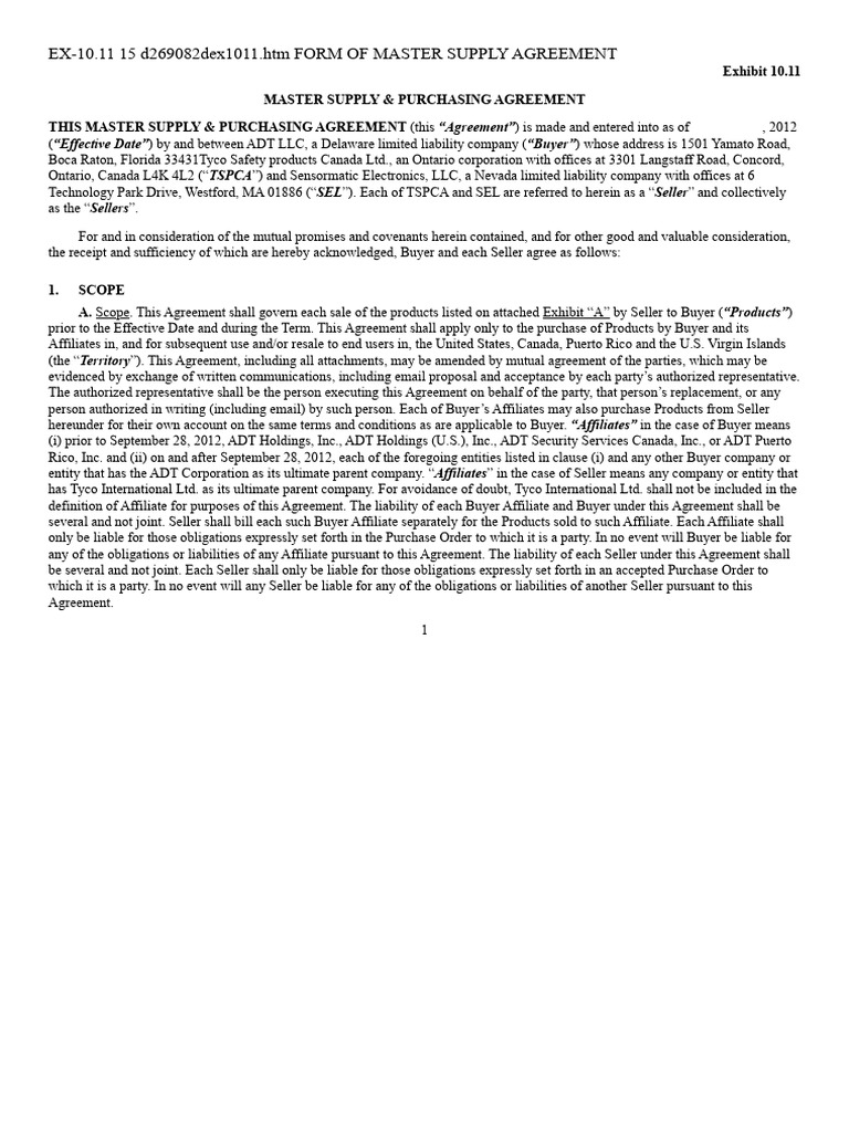 Form of Master Supply Agreement | PDF | Liability Insurance | Indemnity