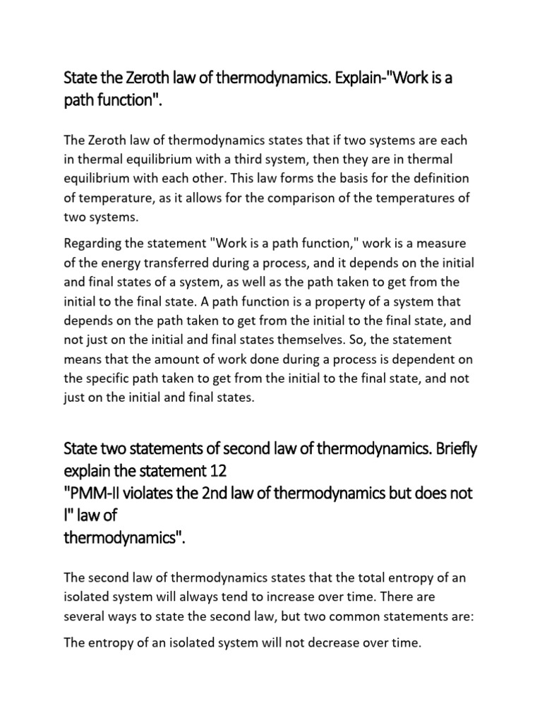 State The Zeroth Law Of Thermodynamics Explain Work Is A Path Function Pdf Heat Second