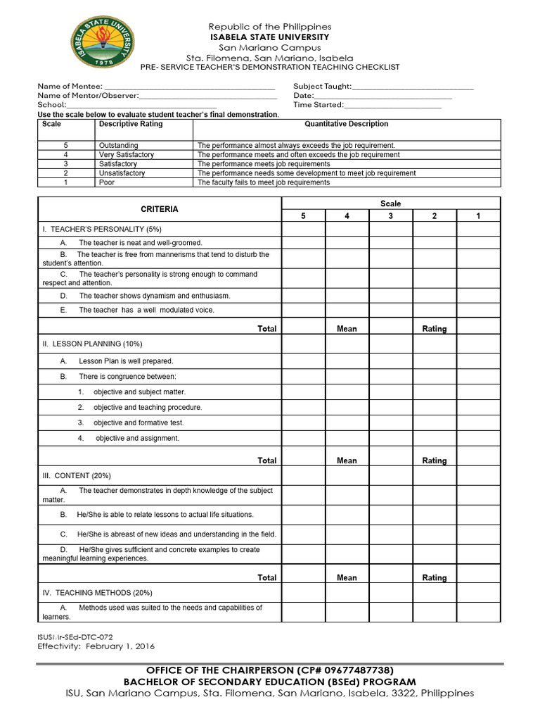 New ISO PreService Demo Checklist 1 | PDF | Teachers | Learning