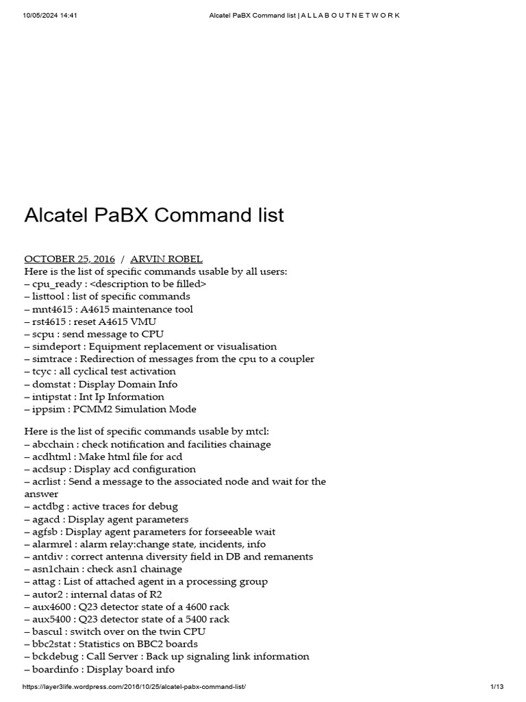 Alcatel PaBX Command List | PDF | Session Initiation Protocol | Computing