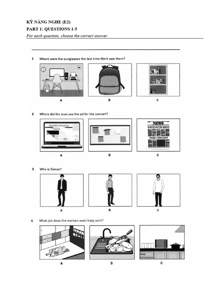 For Each Question, Choose The Correct Answer.: K Năng Nghe (E2) Part 1: Questions 1-5 | PDF