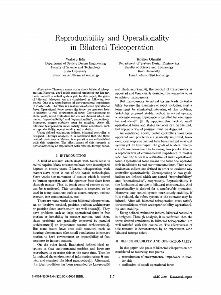 Enhancing Bilateral Teleoperation: Reproducibility and Operationality | PDF | Force | Control Theory