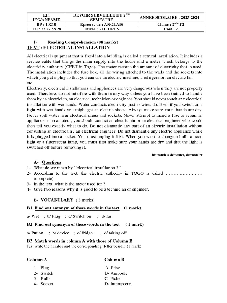 DEVOIR DU 2ème SEMESTEE 2nd F2 | PDF | Electrical Connector | Electrician
