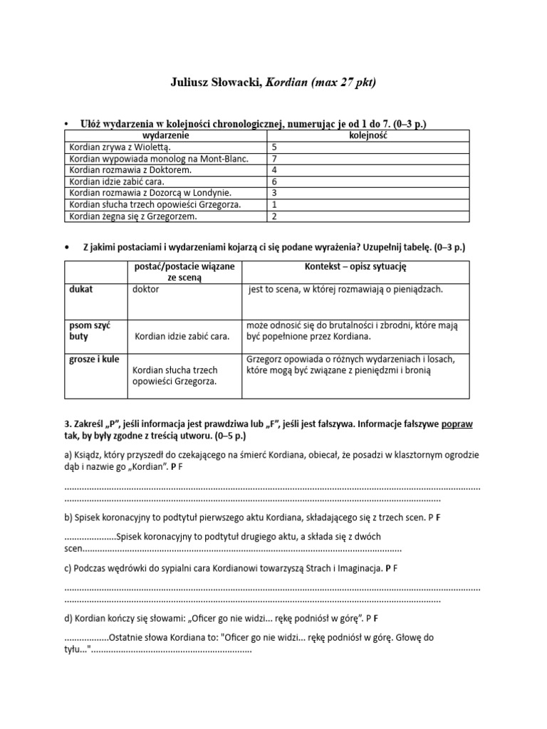 1 Kordian Sprawdzian Z Lektury | PDF